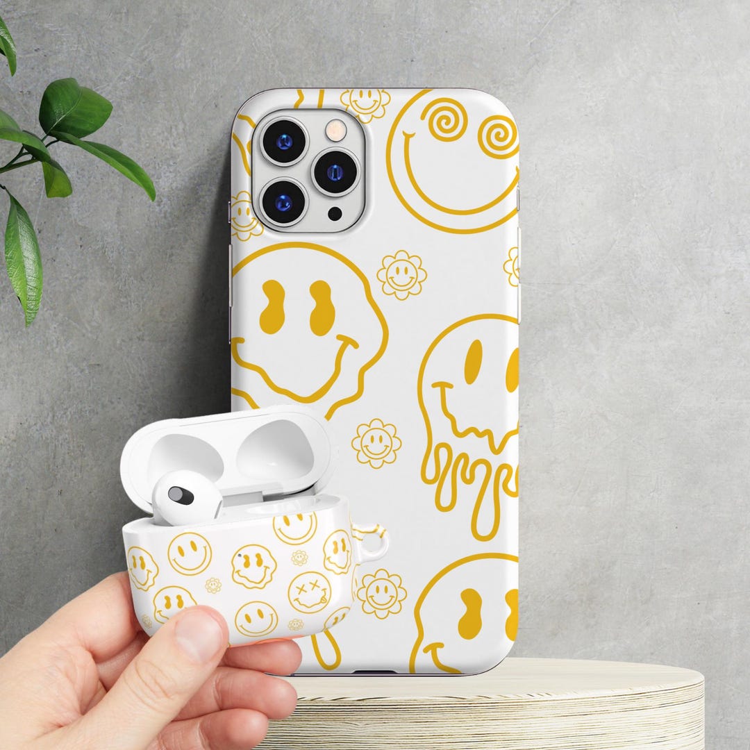 Smiley Face iPhone Case & Airpods Case Set | Yellow Aesthetic Phone ...