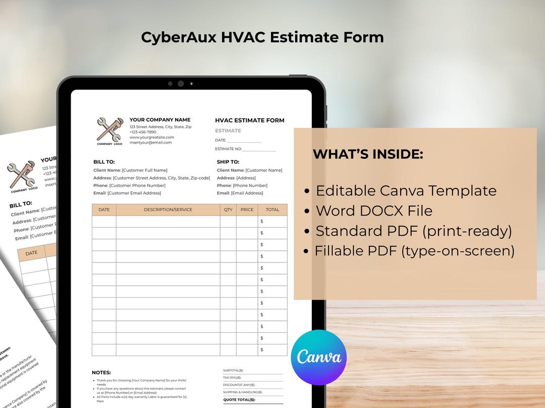 HVAC Estimate Form — Editable Template | Canva • Word • PDF • Fillable PDF | Contractor Estimate ...
