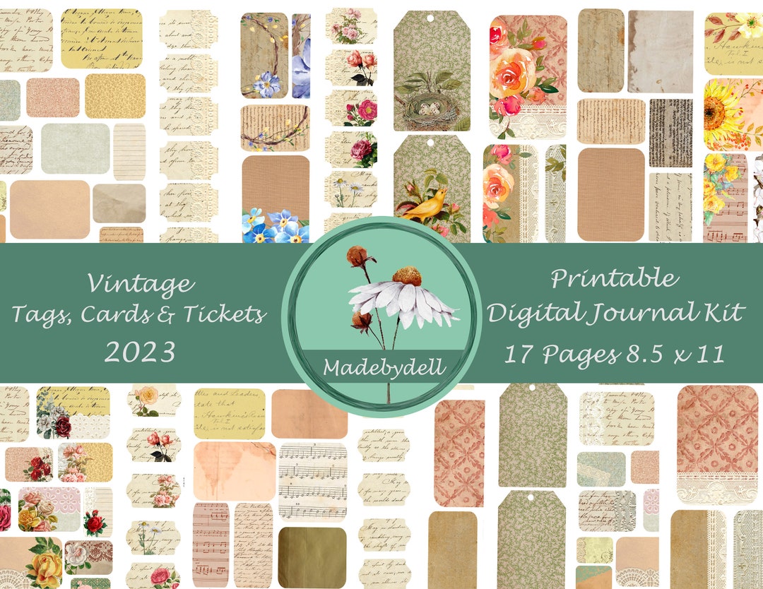 Vintage Tags Cards & Tickets Junk Journal Kit, Printable Digital Papers ...