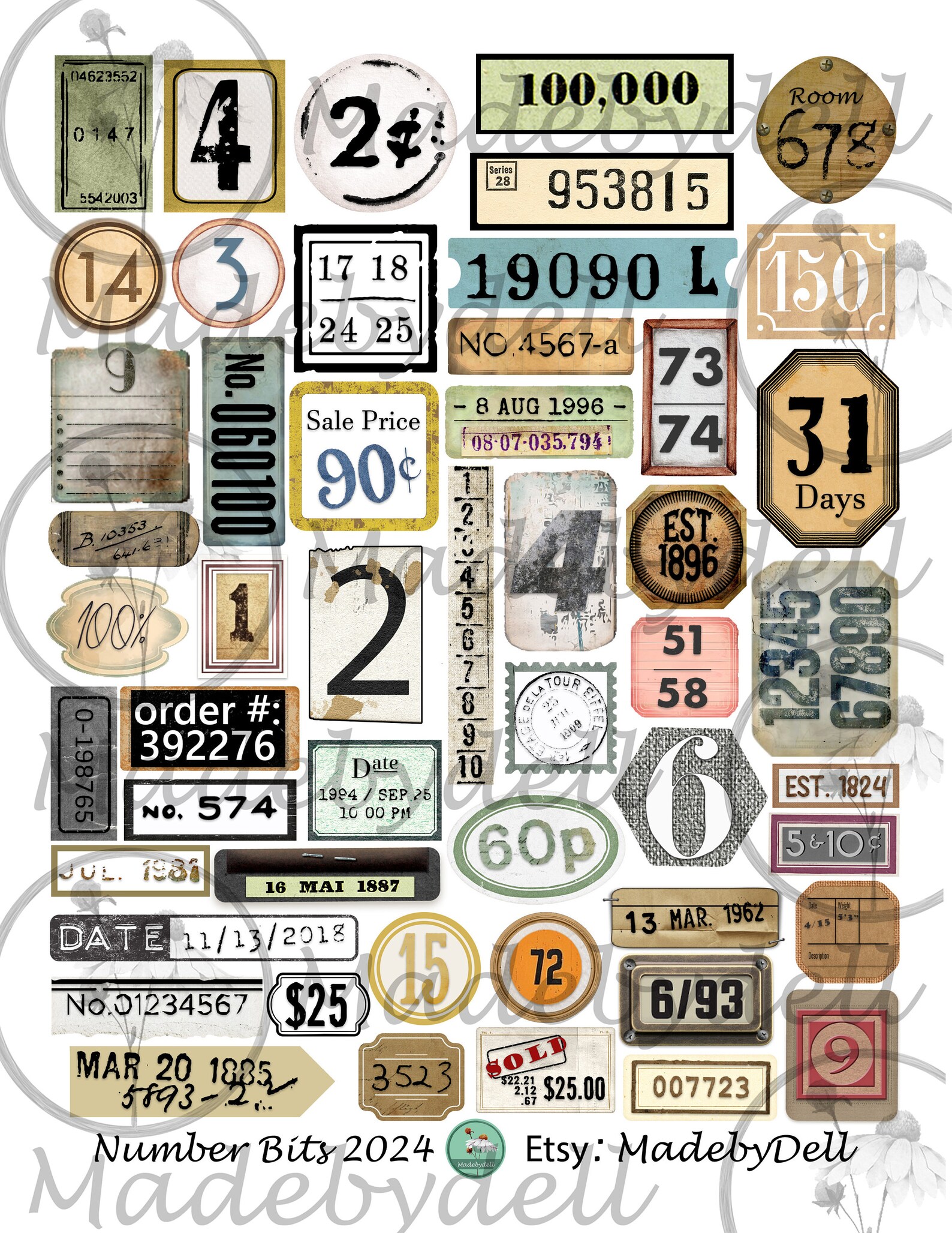 Number Bits 8page Junk Journal Ephemera Kit, Printable Digital Papers ...