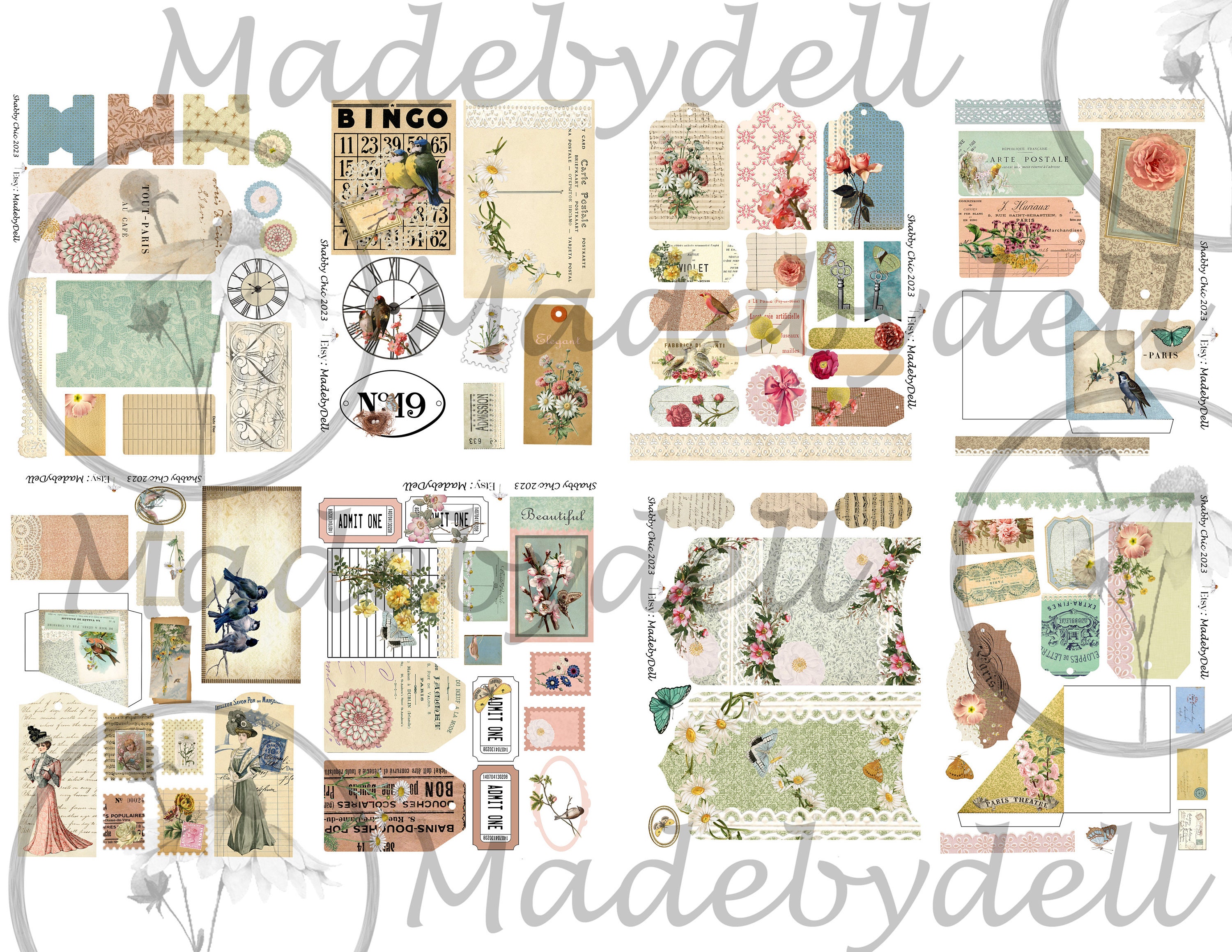 Shabby Chic Junk Journal Kit, Printable Digital Papers and Ephemera ...