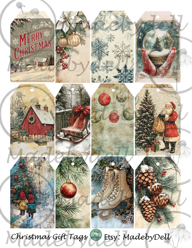 Christmas Gift Tags, Gift Wrap, Printable Digital Papers, Ephemera ...