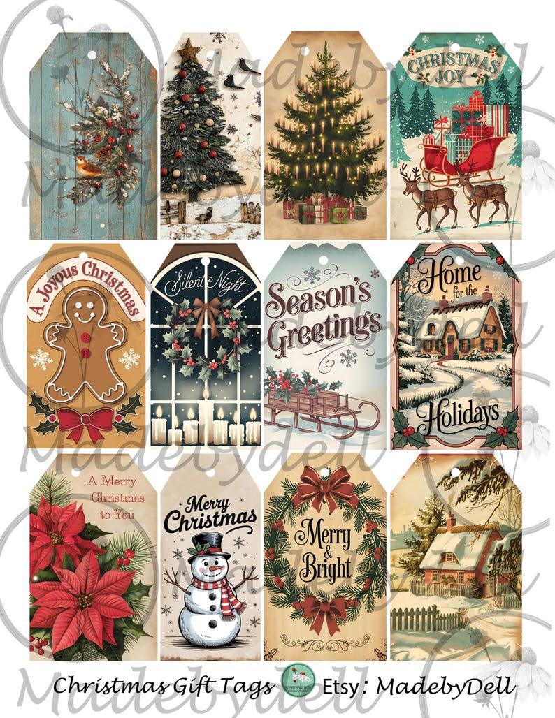 Christmas Gift Tags, Gift Wrap, Printable Digital Papers, Ephemera ...