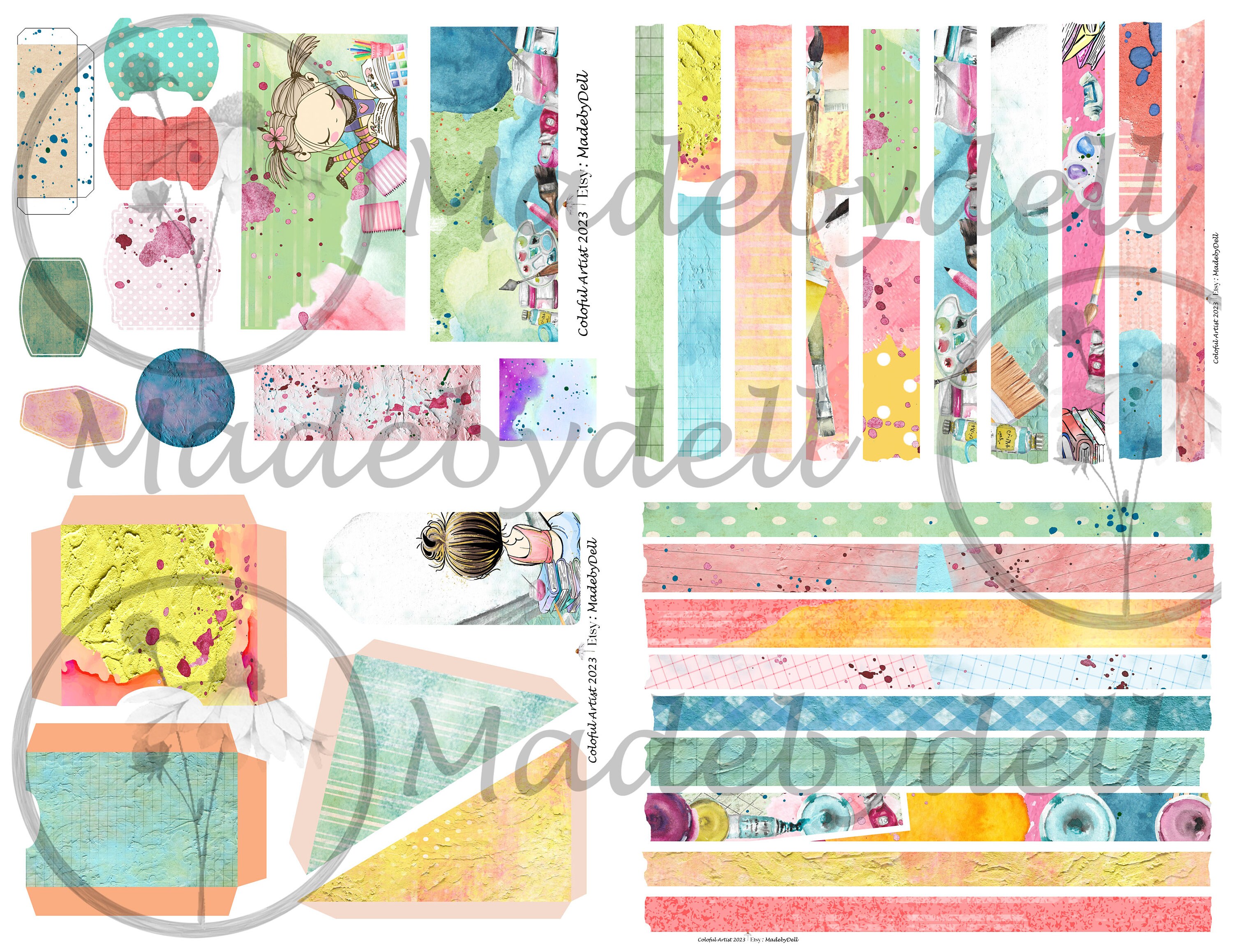 Colorful Artist Junk Journal Kit, Printable Digital Papers and Ephemera ...