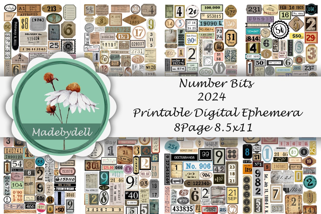 Number Bits 8page Junk Journal Ephemera Kit, Printable Digital Papers ...