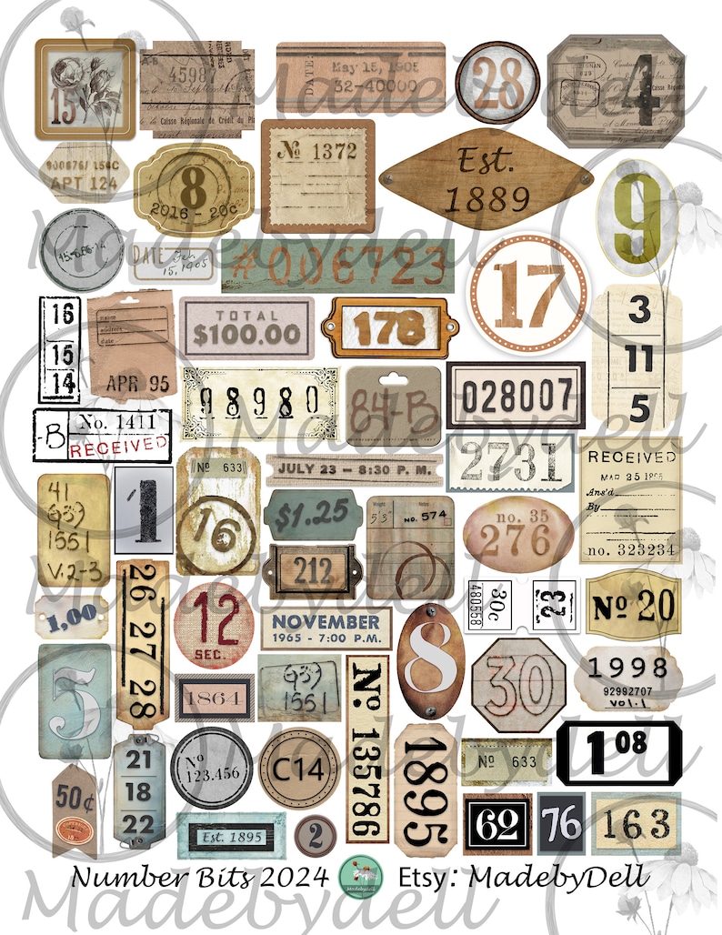 Number Bits 8page Junk Journal Ephemera Kit, Printable Digital Papers ...