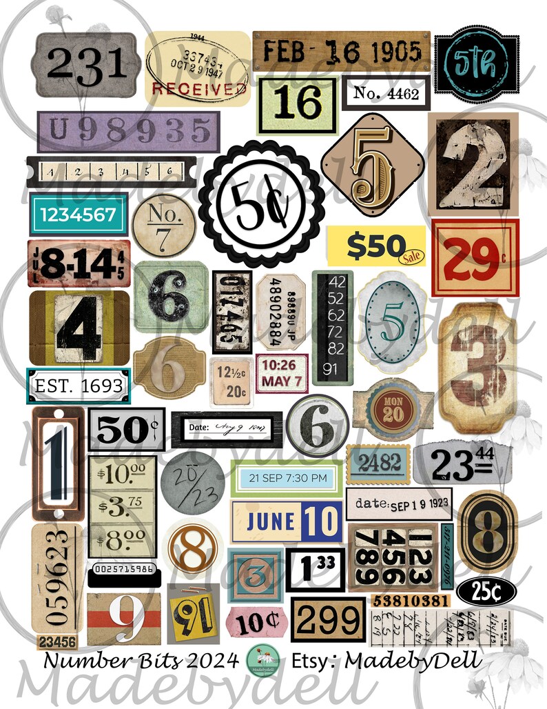 Number Bits 8page Junk Journal Ephemera Kit, Printable Digital Papers ...