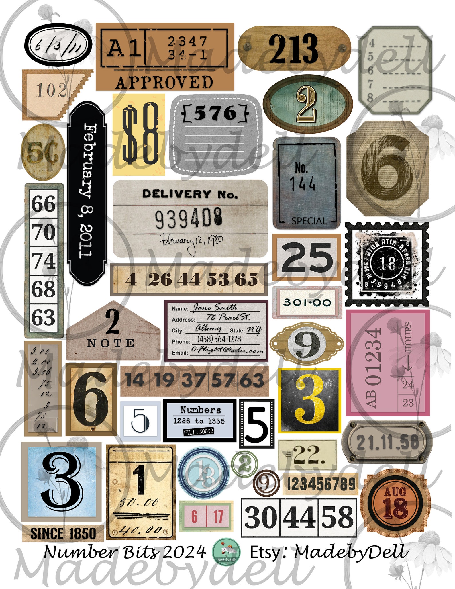 Number Bits 8page Junk Journal Ephemera Kit, Printable Digital Papers ...