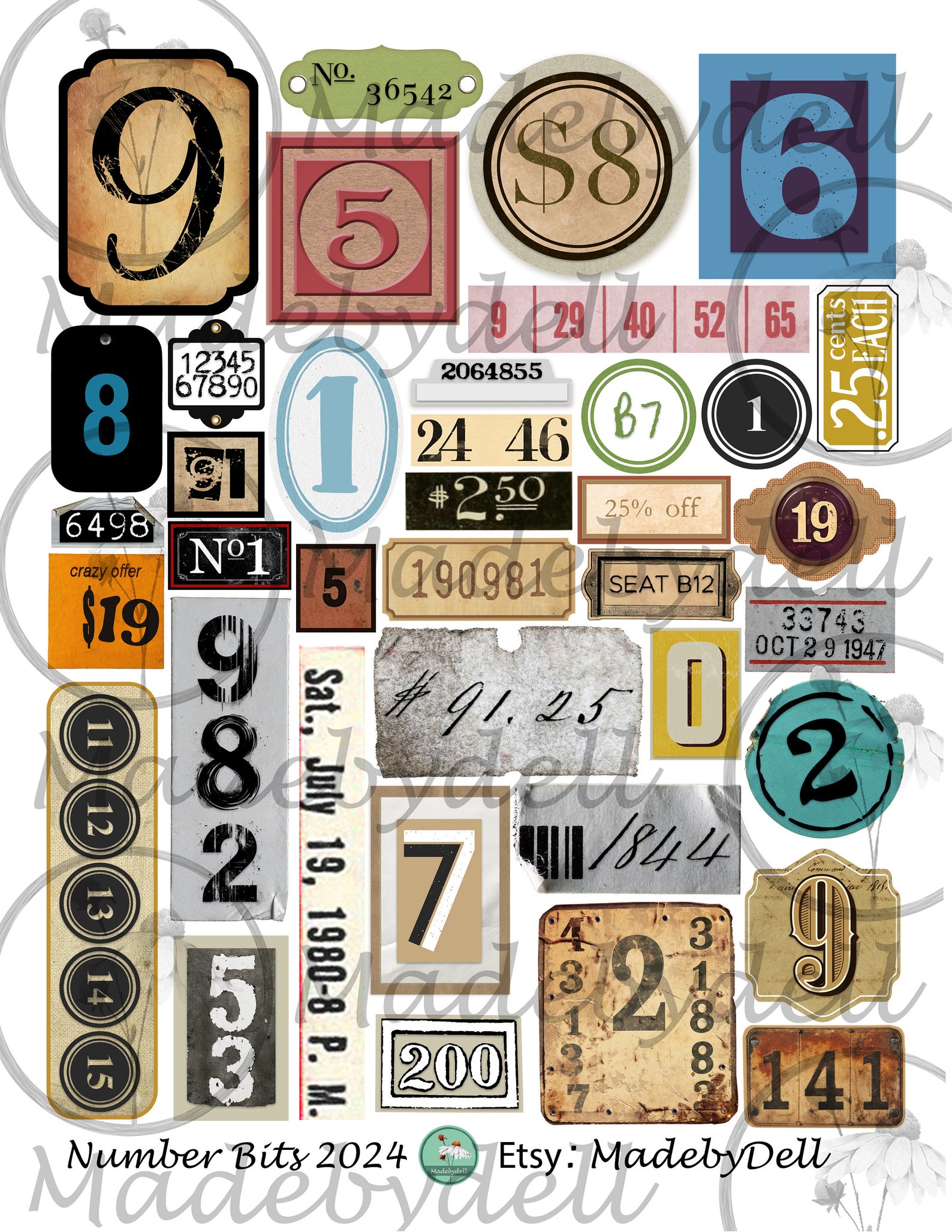 Number Bits 8page Junk Journal Ephemera Kit, Printable Digital Papers ...