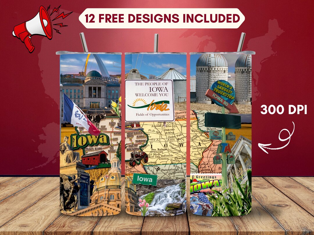 Iowa Tumbler Wrap PNG, 20 Oz Skinny Tumbler Sublimation Design, US ...