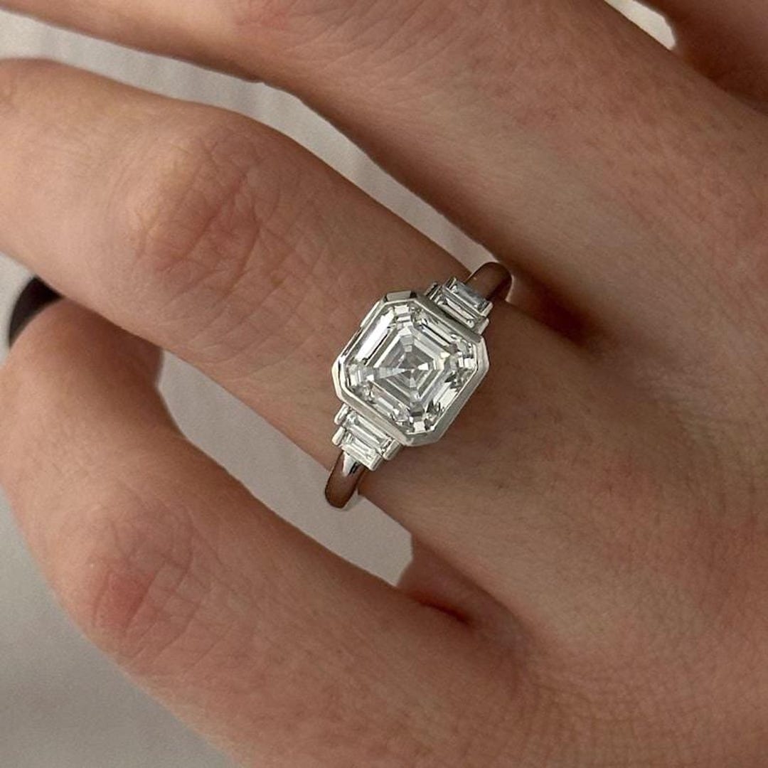 Asscher Cut Moissanite Ring, Bezel Set Art Deco 14K White Gold - Etsy
