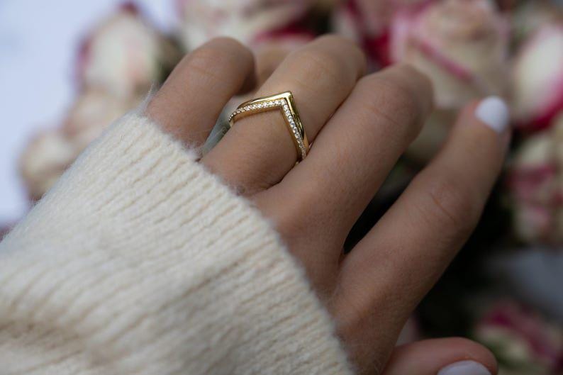 Moissanite Chevron Ring, 14K Gold Double V Band, Art Deco Wedding ...