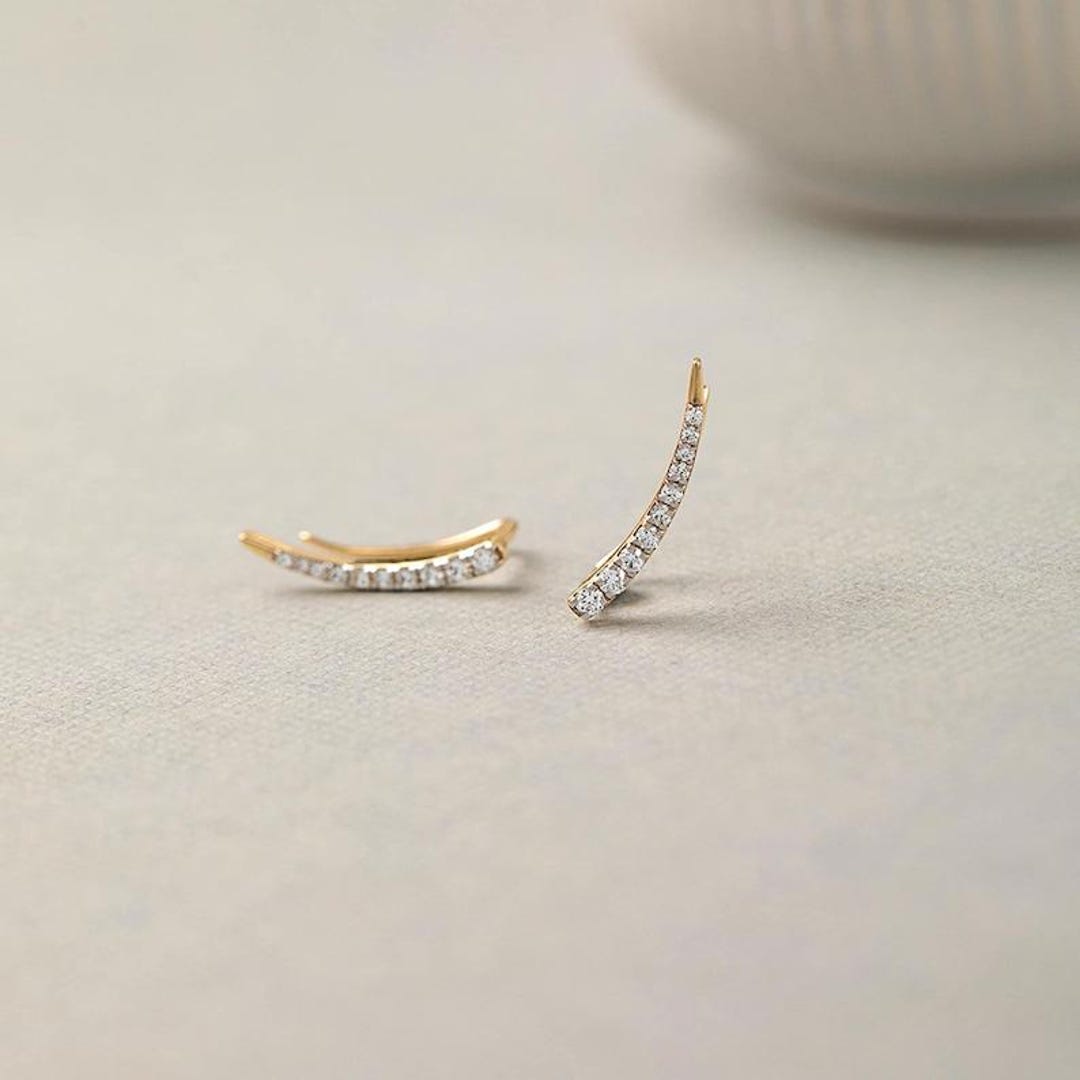 14K Gold Diamond Ear Cuff, Curved Bar Crawler Earring, Minimal Gold Ear ...