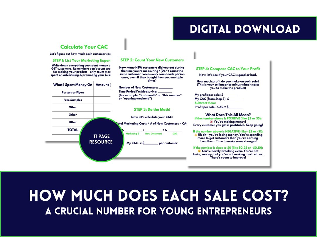 Customer Acquisition Cost Worksheet for Kids | 11-page Business ...