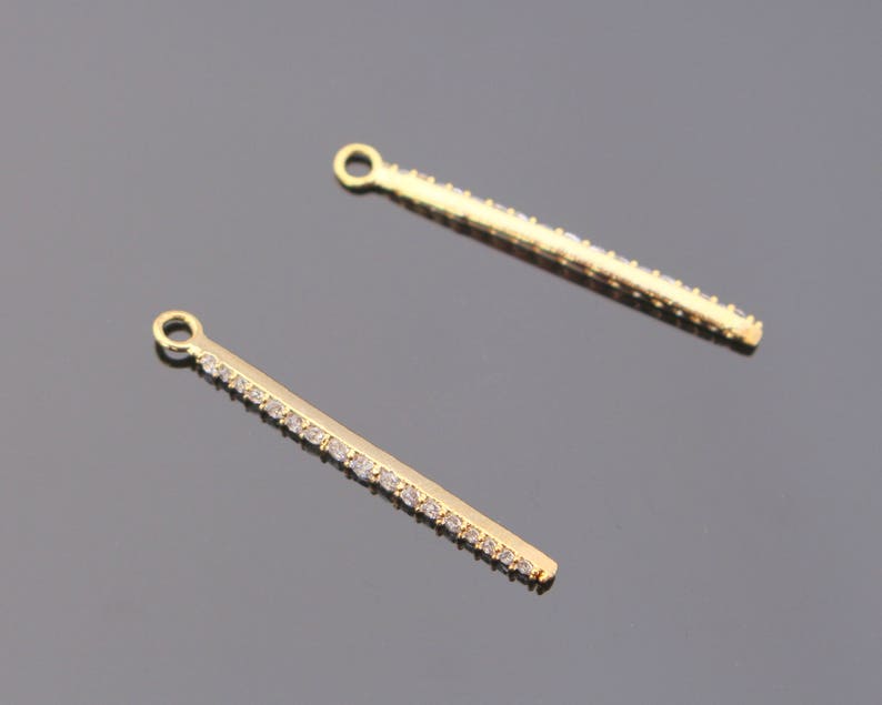 Gold Long bar stick charm with cubic zirconia small dangle | Etsy