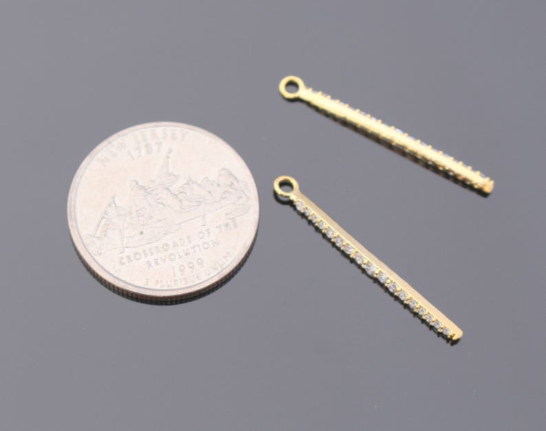 Gold Long bar stick charm with cubic zirconia small dangle | Etsy