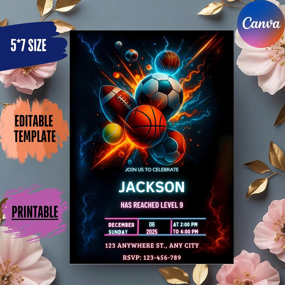 Neon Sports Birthday Invitation: All-star Party, Instant Download - Etsy