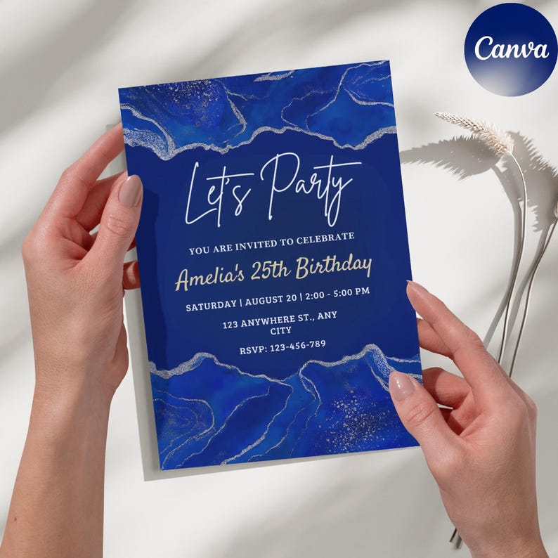 Invitación editable "Let's Party" en azul rey y plata para cualquier ...