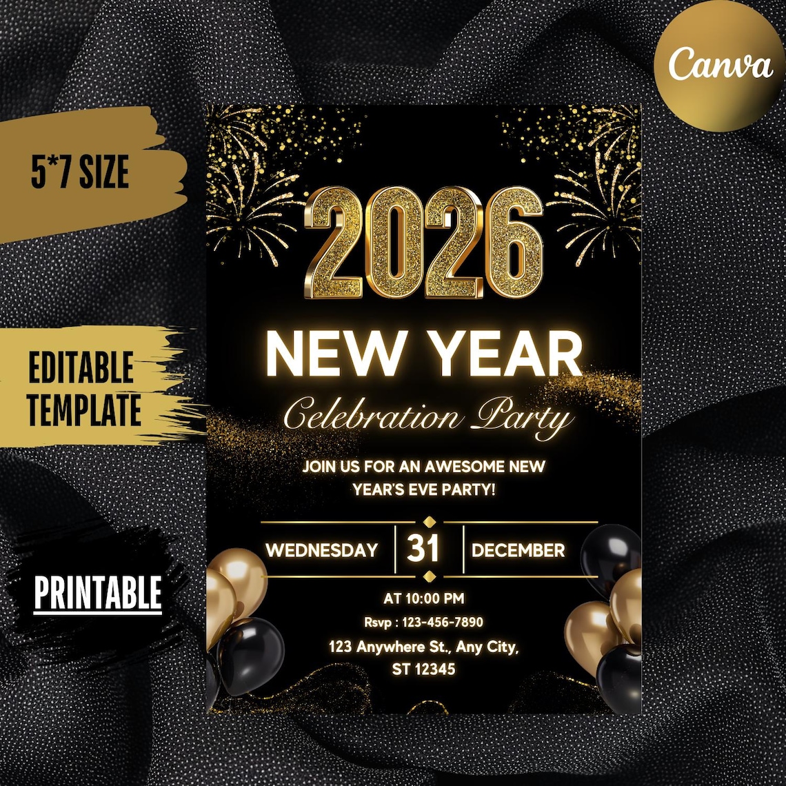 Convite para festa de Réveillon 2026 com balões dourados (modelo ...