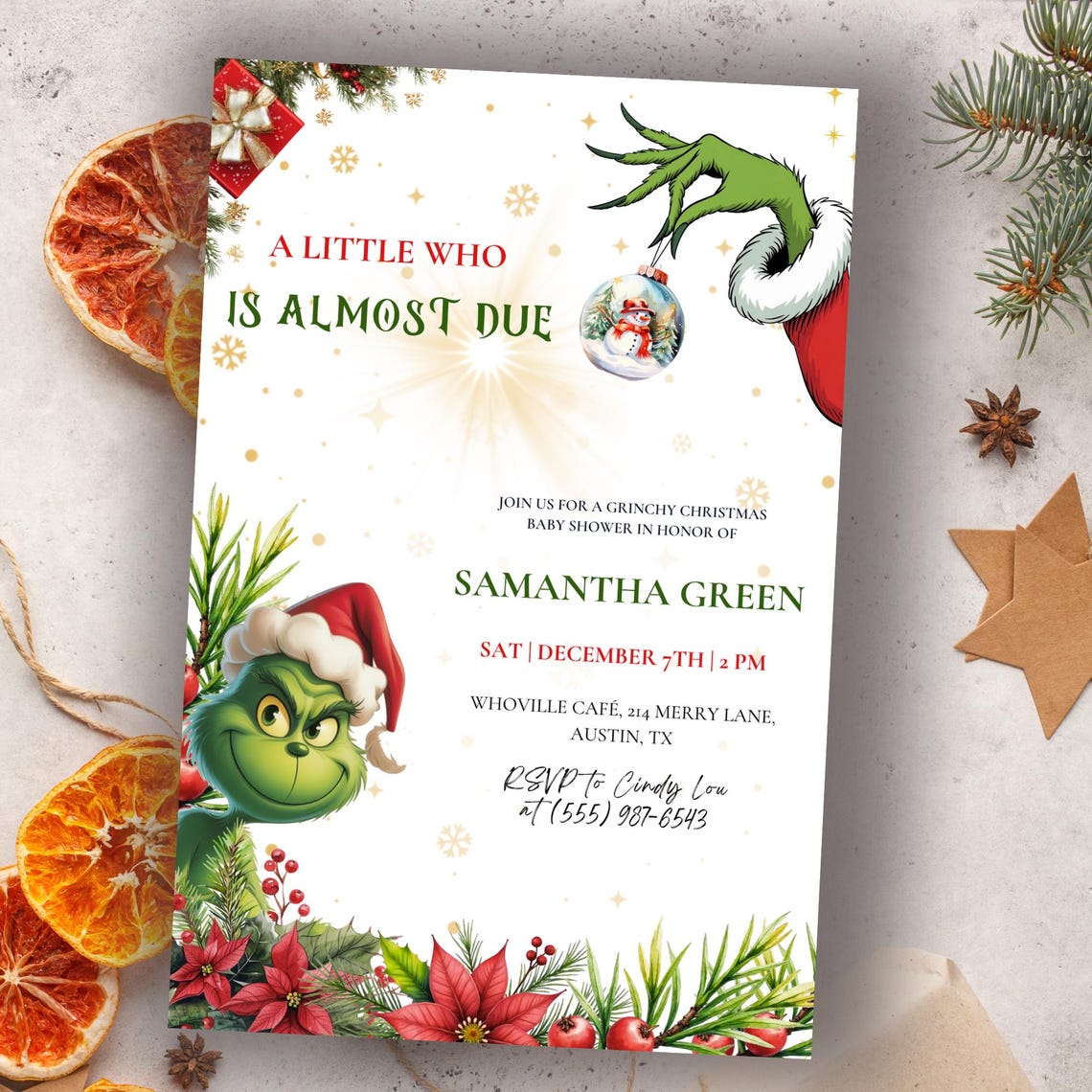 Grinch Baby Shower Invitation, Whoville Theme, Editable Canva Template ...