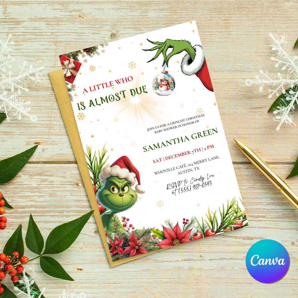 Grinch Baby Shower Invitation, Whoville Theme, Editable Canva Template ...