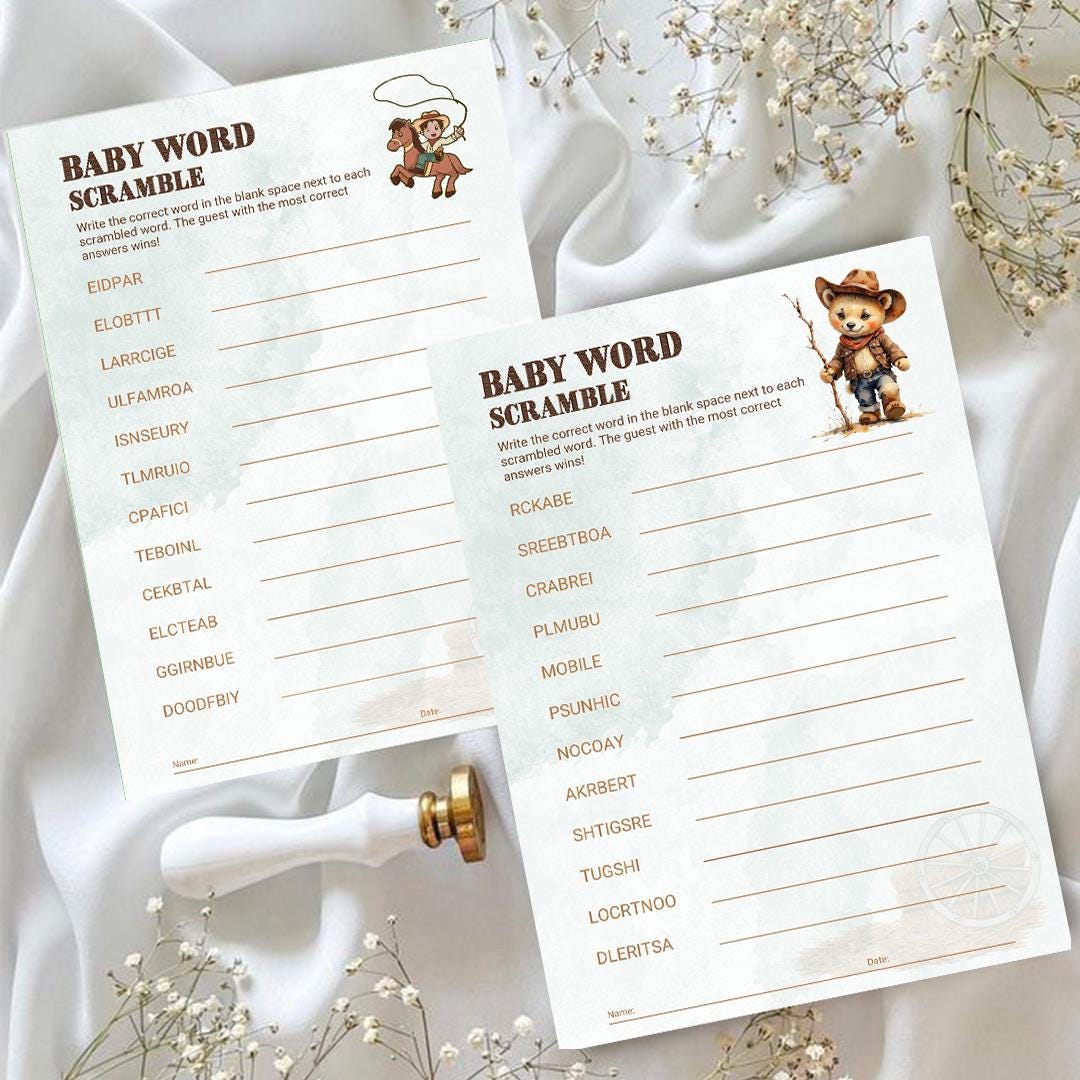 Word Scramble Game Cowboy Baby Shower: Cowboy Theme, Printable (canva ...