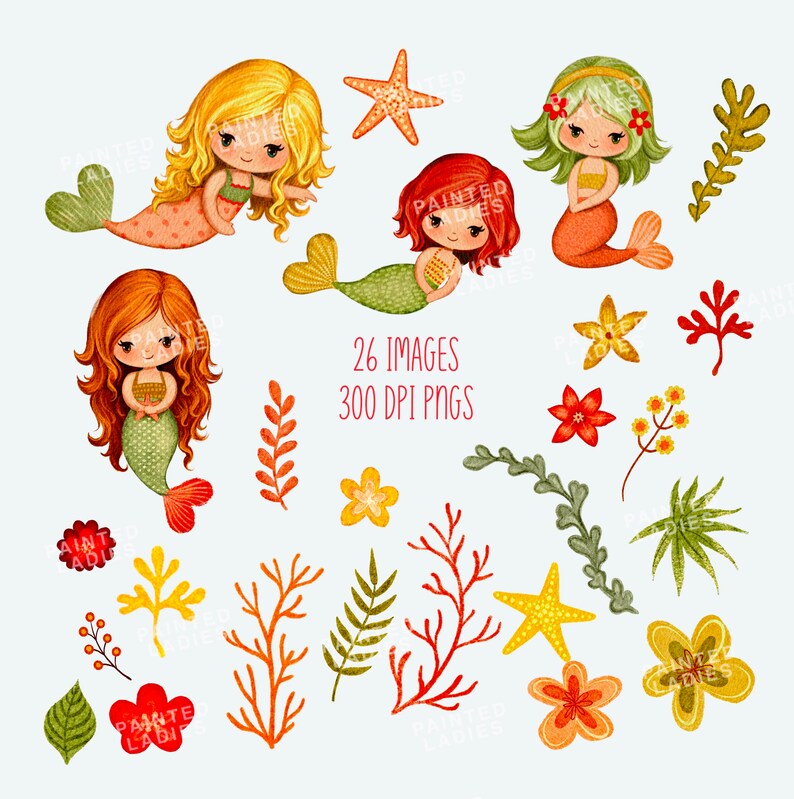 Watercolor Mermaids Clipart, PNG Digital Images, Cute Little Mermaids ...
