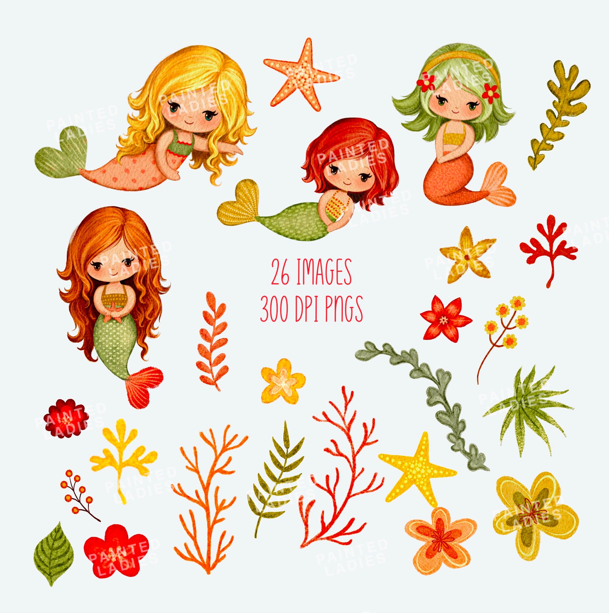 Watercolor Mermaids Clipart, PNG Digital Images, Cute Little Mermaids ...