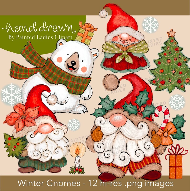 Christmas Gnome Clipart Hand Drawn Digital Stamps 300 Dpi PNG Files ...