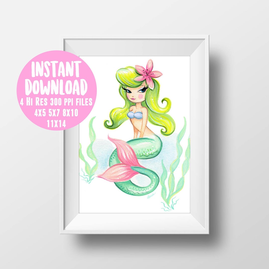Mermaid Print,instant Download,pin up Art Print,vintage Print,digital ...