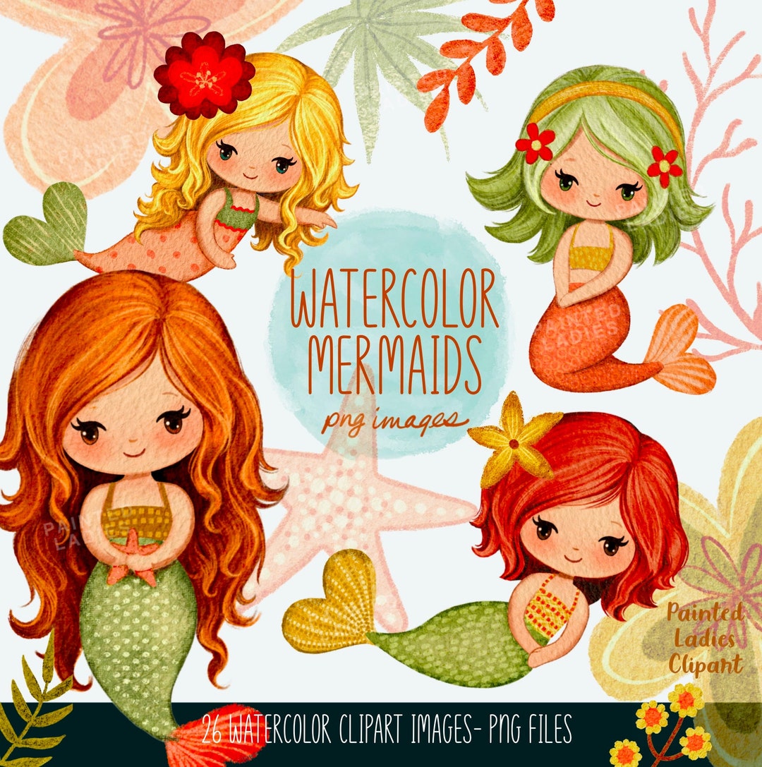 Watercolor Mermaids Clipart, PNG Digital Images, Cute Little Mermaids ...