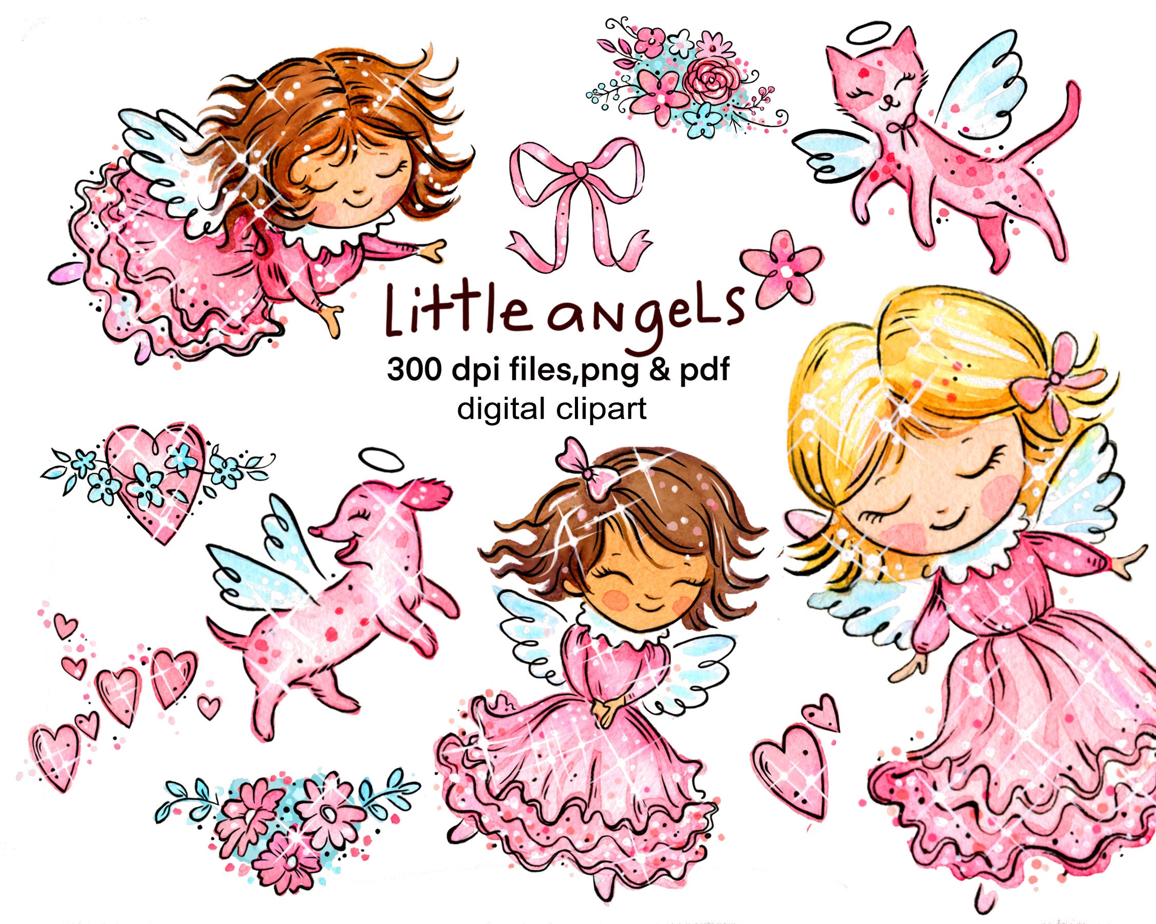 Pink Angels Digital Clipart,instant Download, Hand Painted Angel Clip ...