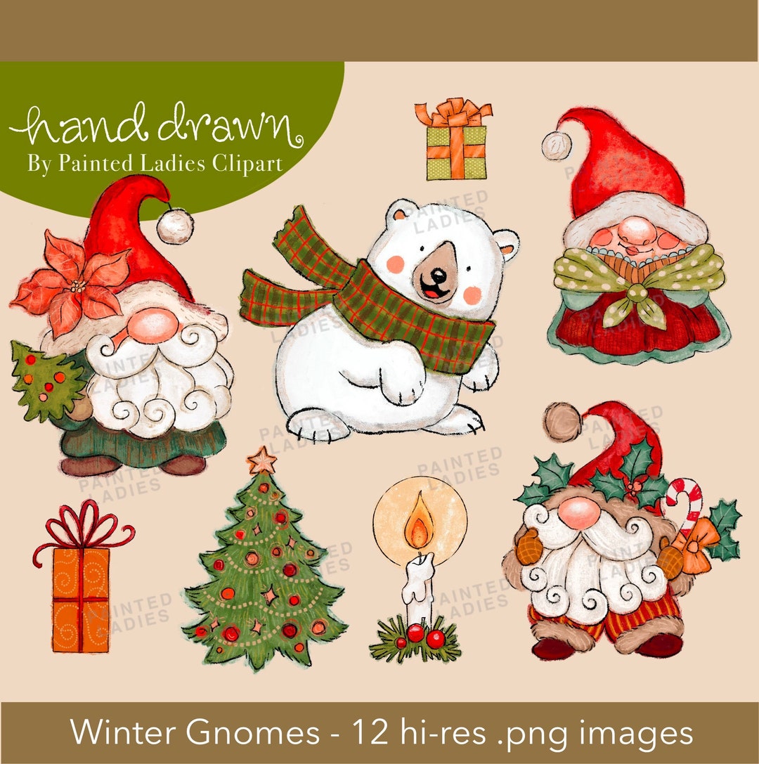 Christmas Gnome Clipart Hand Drawn Digital Stamps 300 Dpi PNG Files ...
