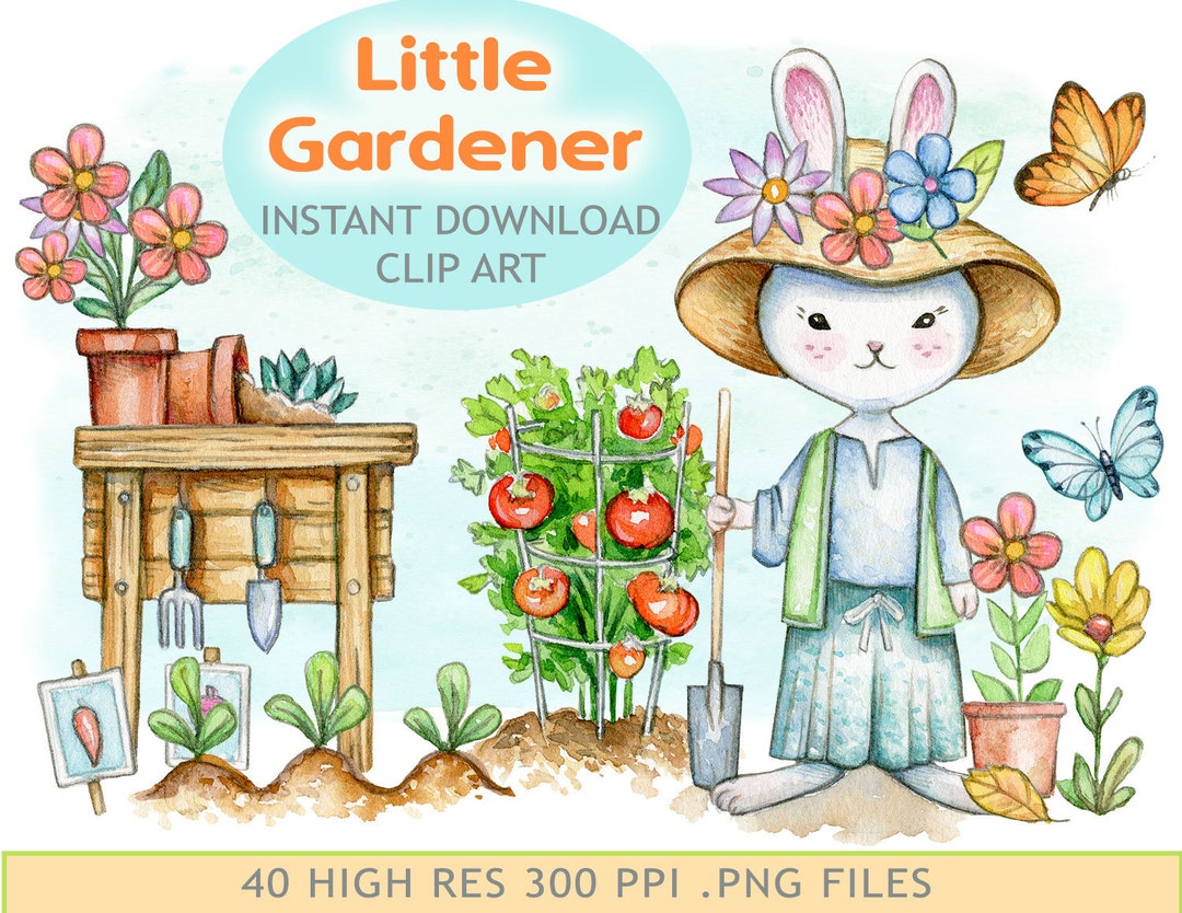 Hand Painted Watercolor Spring Gardening Clip Art, Little Bunny ...