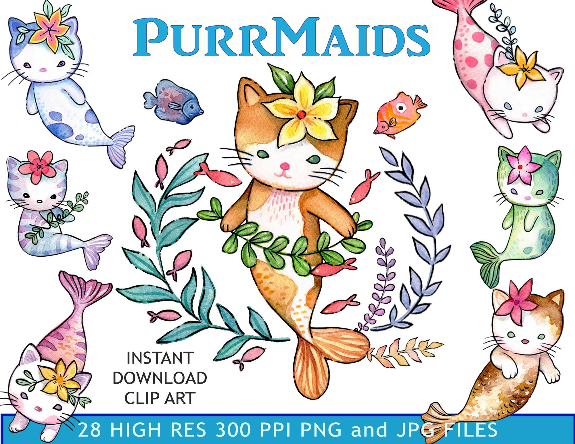 Cat Mermaid Purrmaid Digital Clipart,instant Download, Handpainted Clip ...