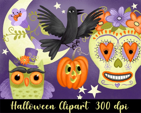Halloween Digital Clip Art Spooky Images. Skull Raven Owl - Etsy