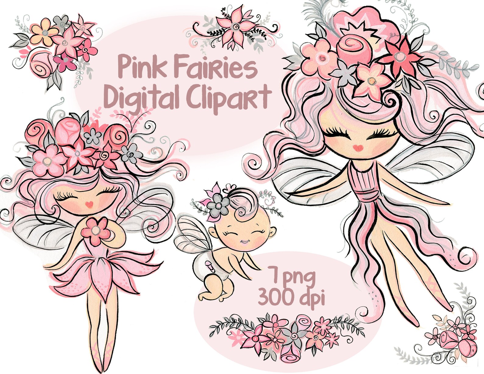 Pink Fairies Digital Clip Art and Digital Stamp, Handpainted Fairy Clip ...