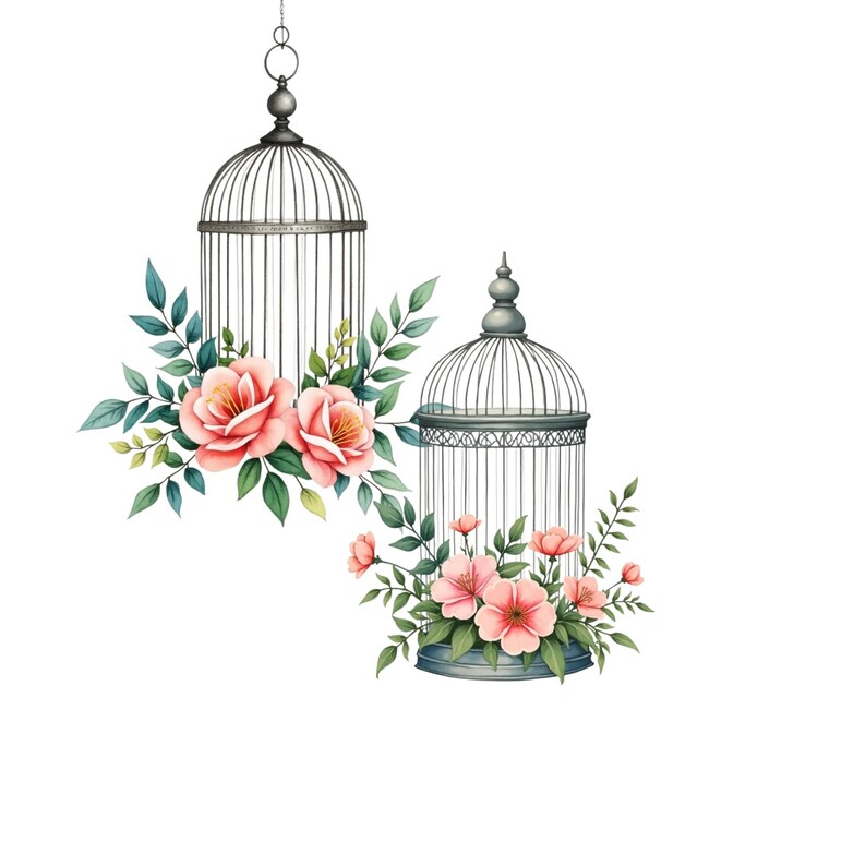 Vintage Bird Cage Clipart: Watercolor Flowers, Scrapbooking Graphics ...