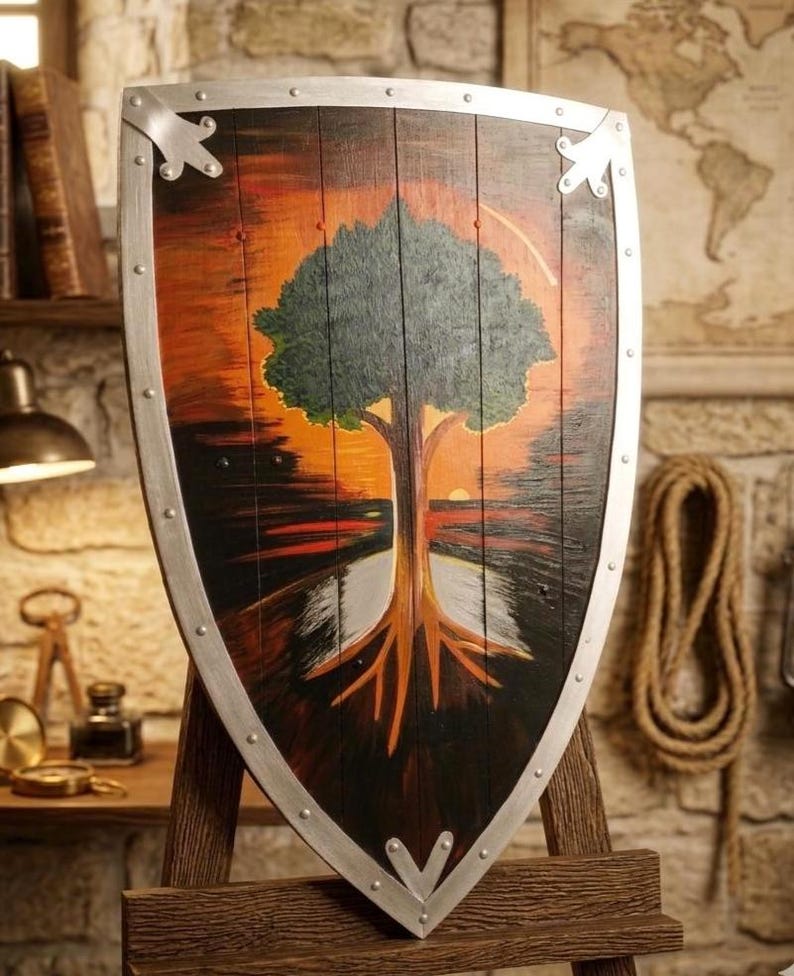 Hand-painted Wooden Knight Shield | Tree of Life Rustic Castle Wall Art ...