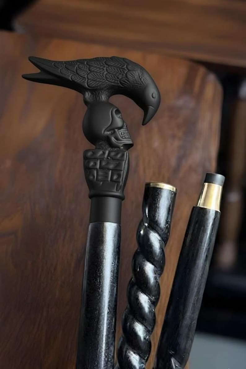 Raven Skull Handle Walking Cane - Gothic Aluminum Head Wooden Stick - Etsy