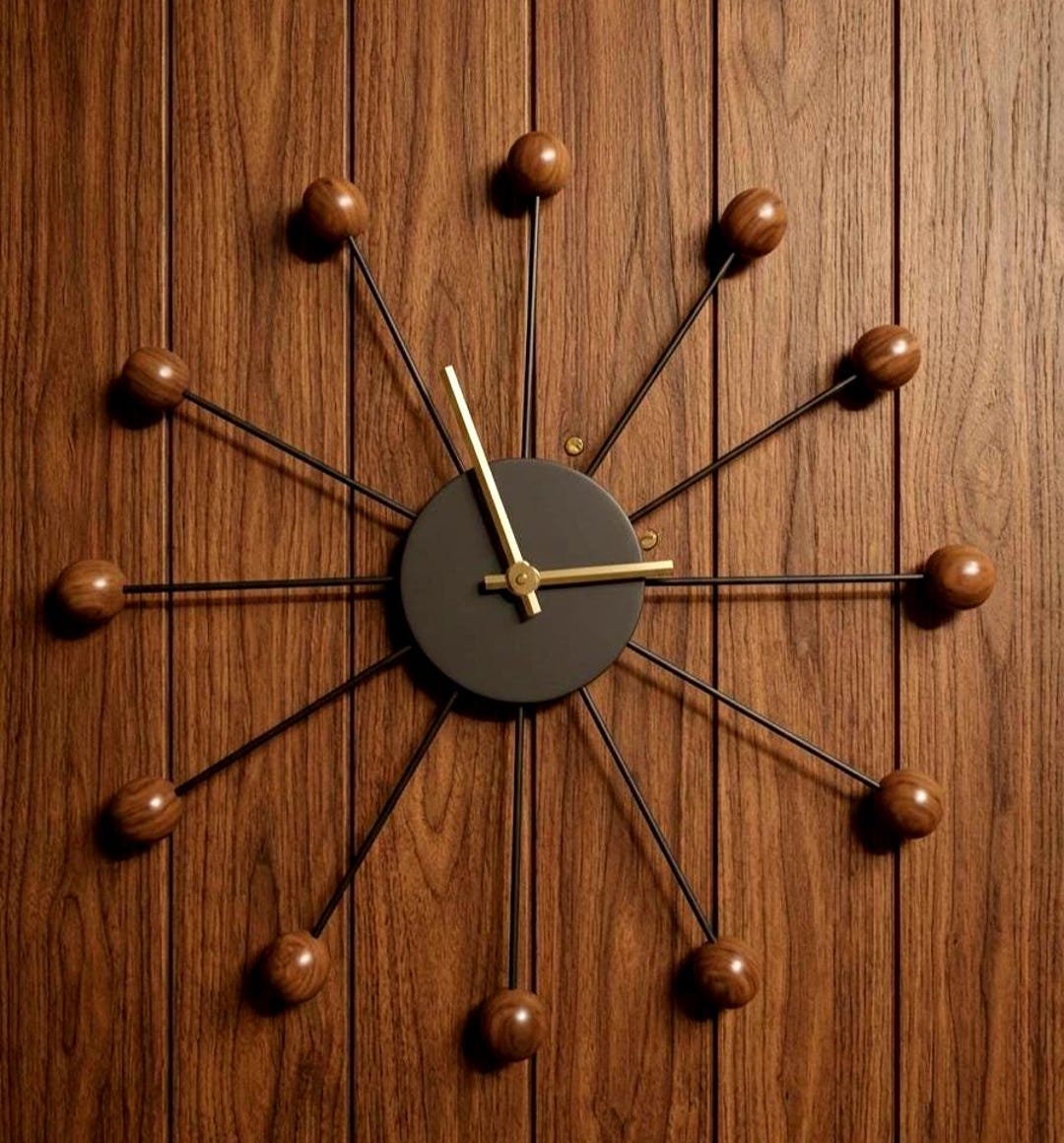Mid Century Modern Starburst Clock, Metal and Wood, 18 Inch Wall Decor ...