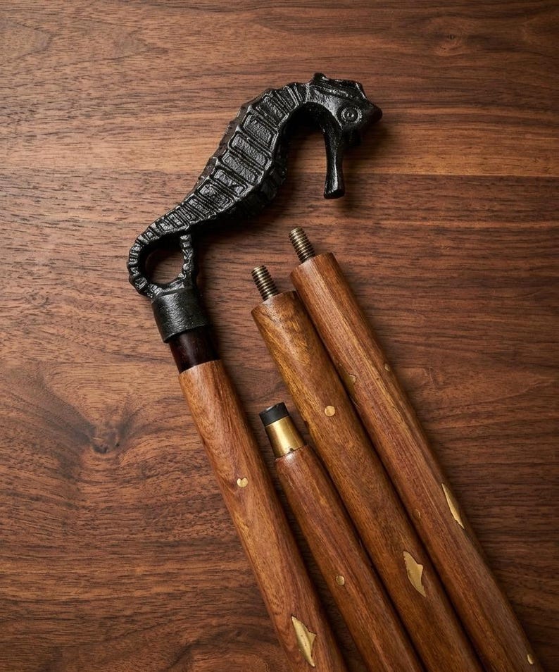 Vintage Seahorse Walking Cane | Wooden Brass Inlay Walking Stick ...