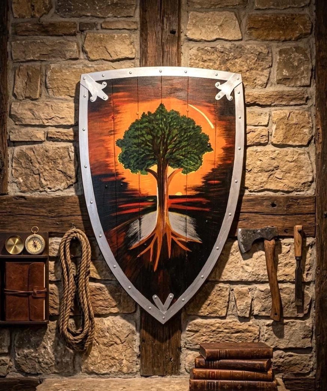 Hand-painted Wooden Knight Shield | Tree of Life Rustic Castle Wall Art ...