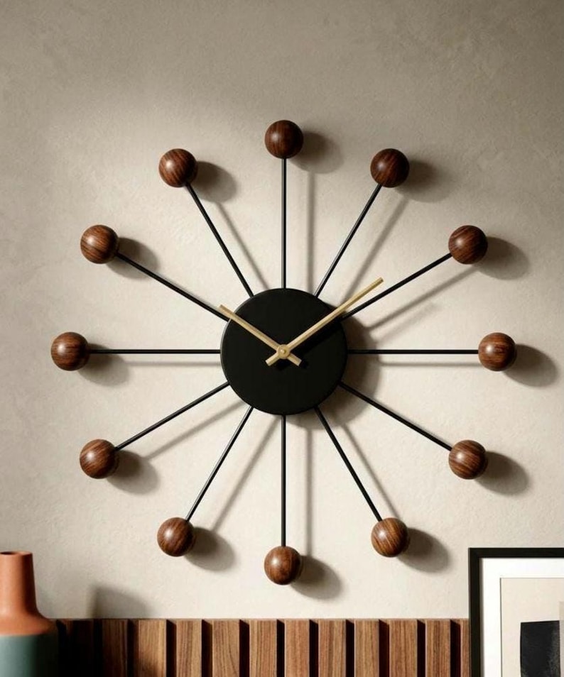 Mid Century Modern Starburst Clock, Metal and Wood, 18 Inch Wall Decor ...