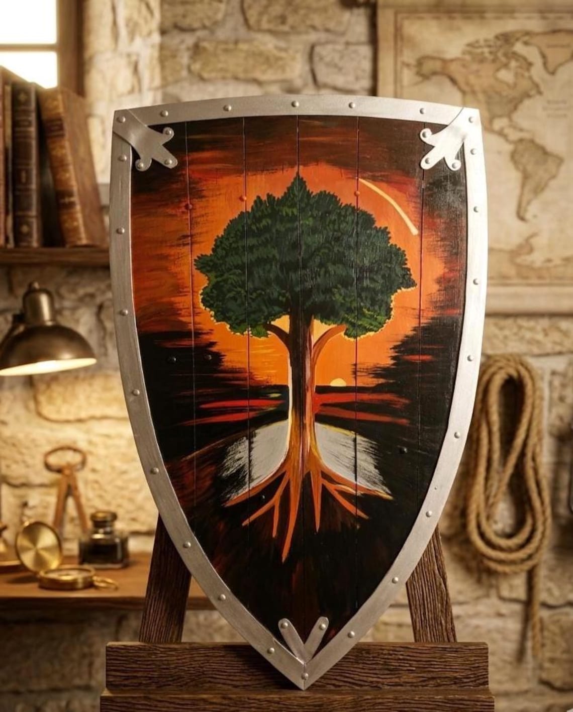 Hand-painted Wooden Knight Shield | Tree of Life Rustic Castle Wall Art ...