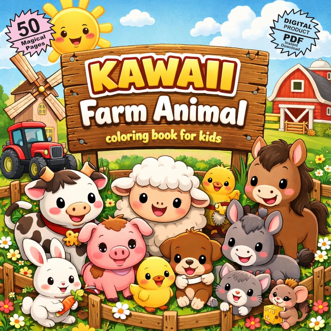 Kawaii Farm Animals Coloring Book for Kids | Cute Farm Animal Coloring ...