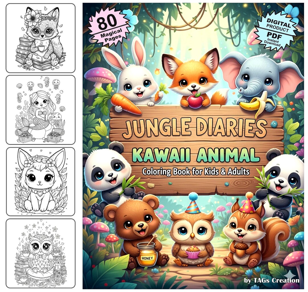 Kawaii Animal 80 Coloring Pages : Jungle Adventure, Stress Relief (PDF ...