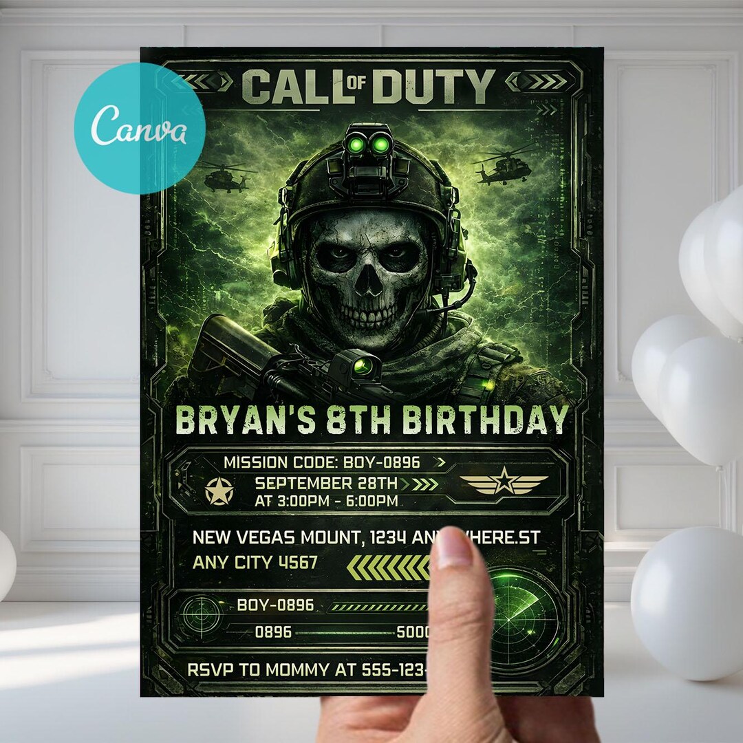 Military Tactical Birthday Invitation Canva Template Editable Gamer ...