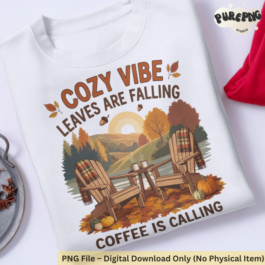 Cozy Vibe Autumn Fall PNG: Coffee & Leaves Graphic (digital Download ...