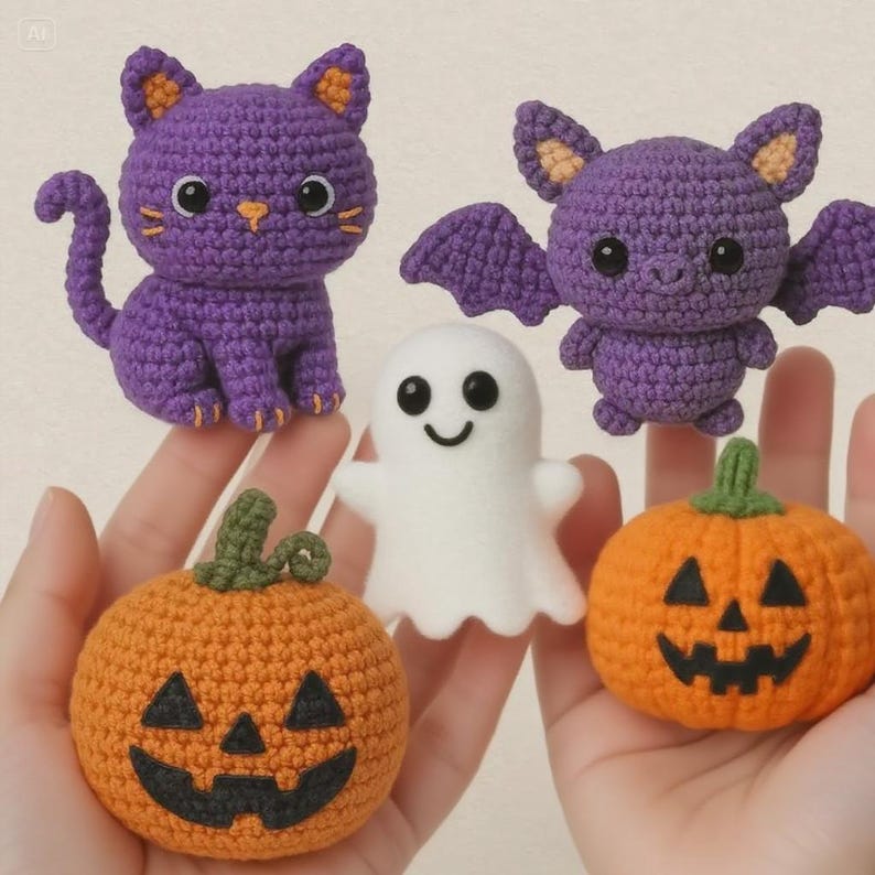 Halloween Amigurumi Crochet Pattern Bundle – Black Cat, Bat, Pumpkin ...